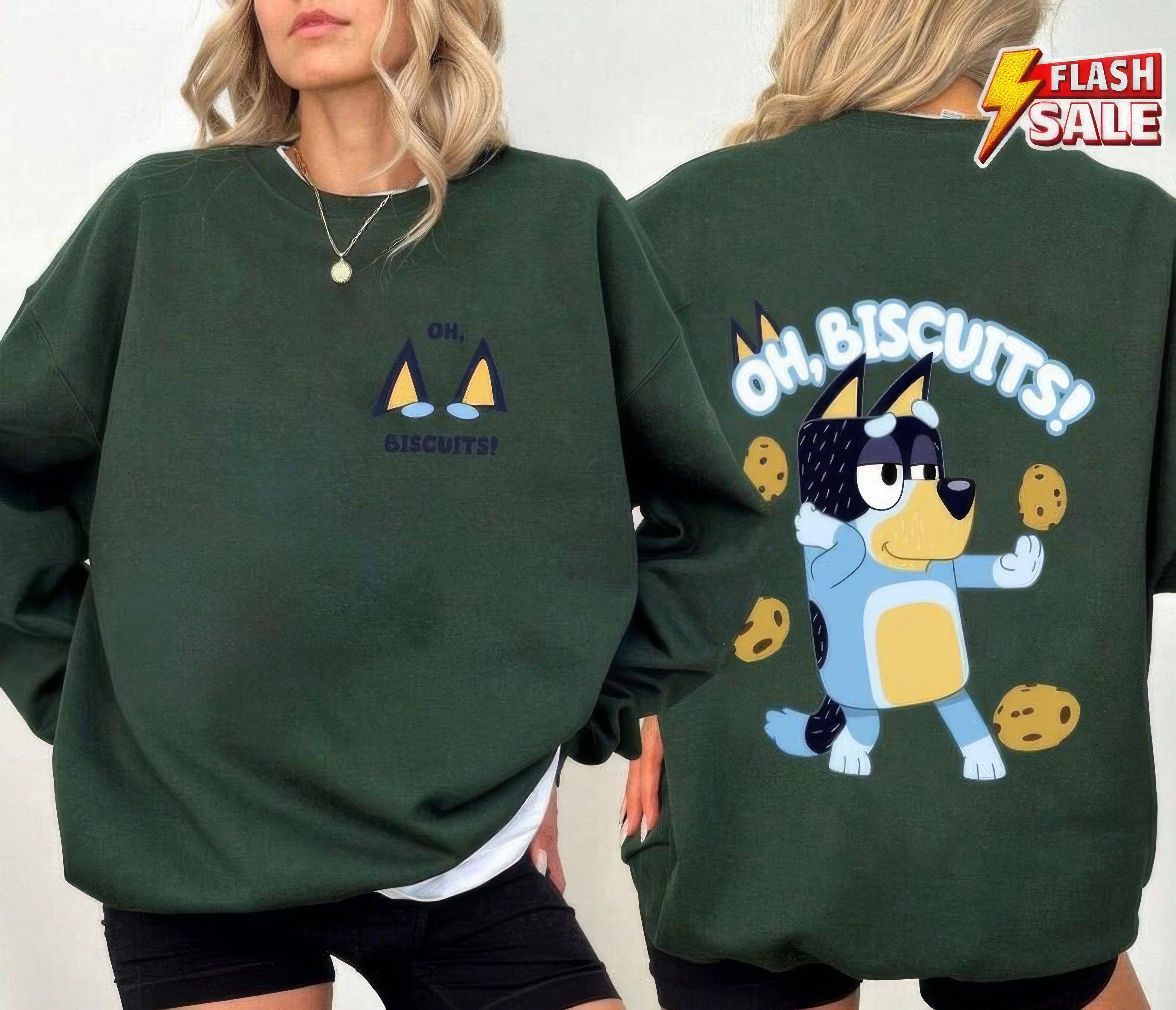 Oh Biscuits Bluey Bandit Characters Two-Sided T-Shirt,Crewneck,Hoodie,